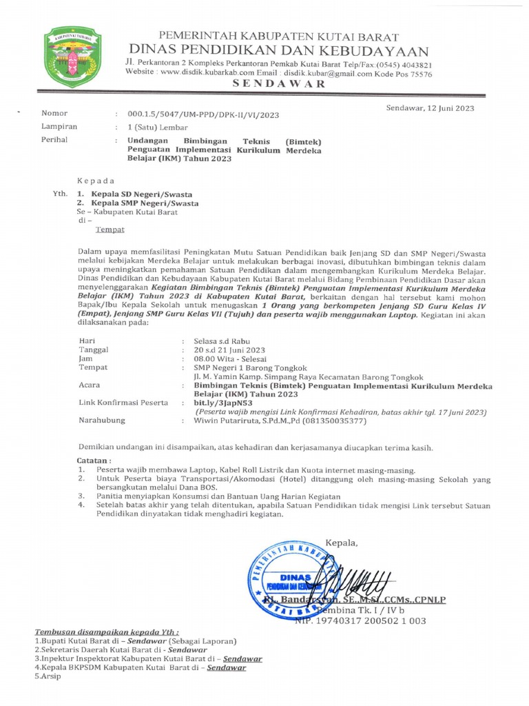 Undangan BIMTEK Penguatan Implementasi Kurikulum Merdeka Belajar (IKM) Tahun 2023 | PDF