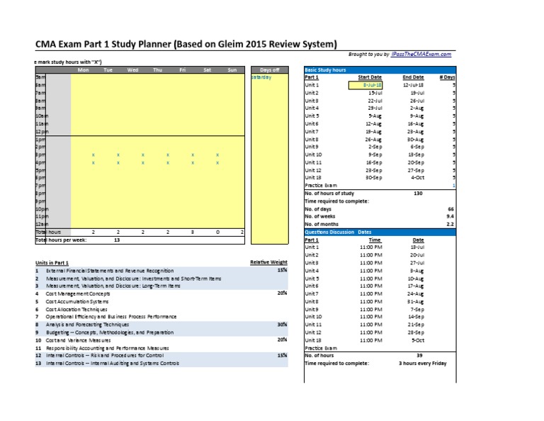 Cma Exam Part 1 Study Planner Based On Gleim 2015 Review System Note ...
