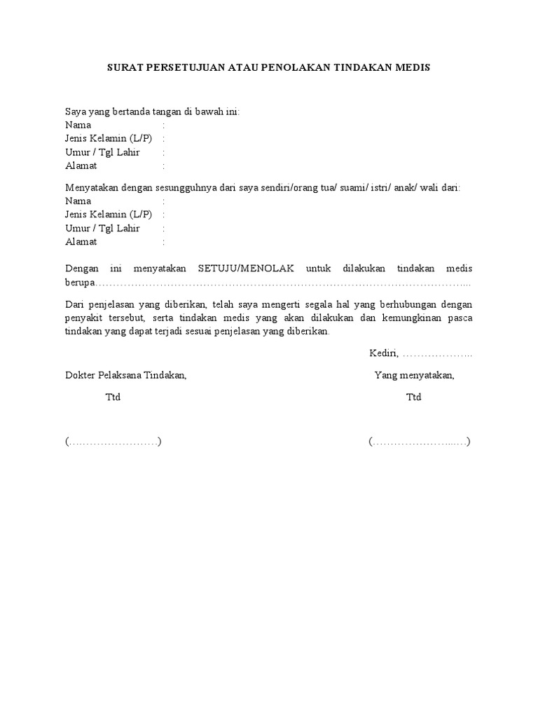 Surat Persetujuan Atau Penolakan Tindakan Medis | PDF
