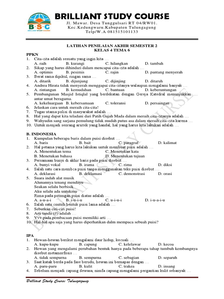 Latihan Akhir Semester 2 Kelas 4 | PDF