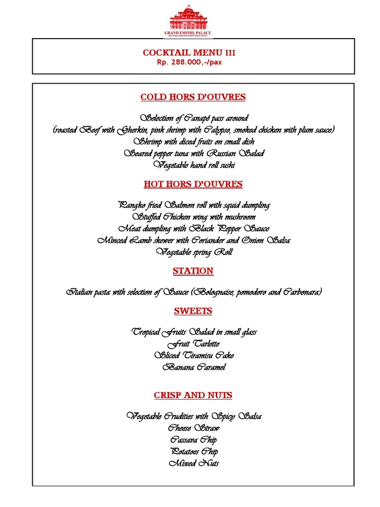 Cocktail Menu Selection and Pricing | PDF | Hors D'oeuvre | Sauce