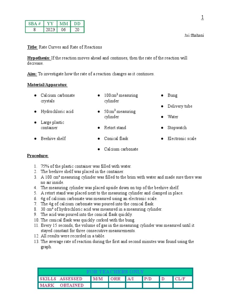 Chem Sba Rate Of Reaction Pdf Mole Unit Chemical Reactions