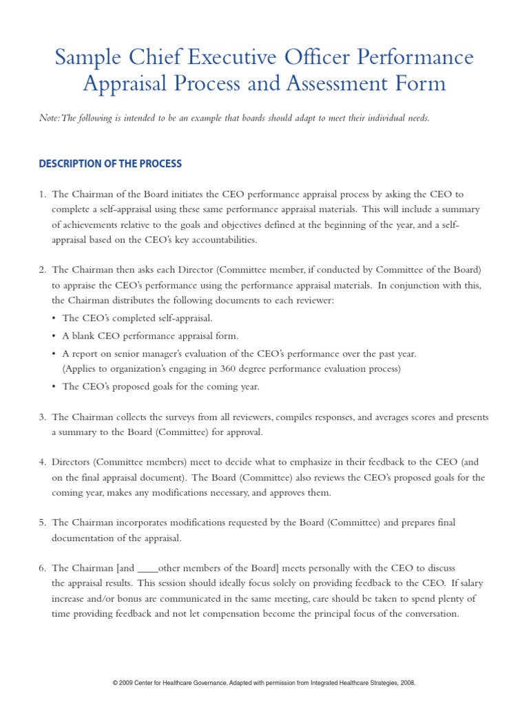 Sample Chief Executive Officer Performance Appraisal Process and ...