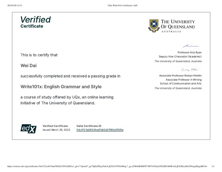 UQx Write101x Certificate - EdX | PDF
