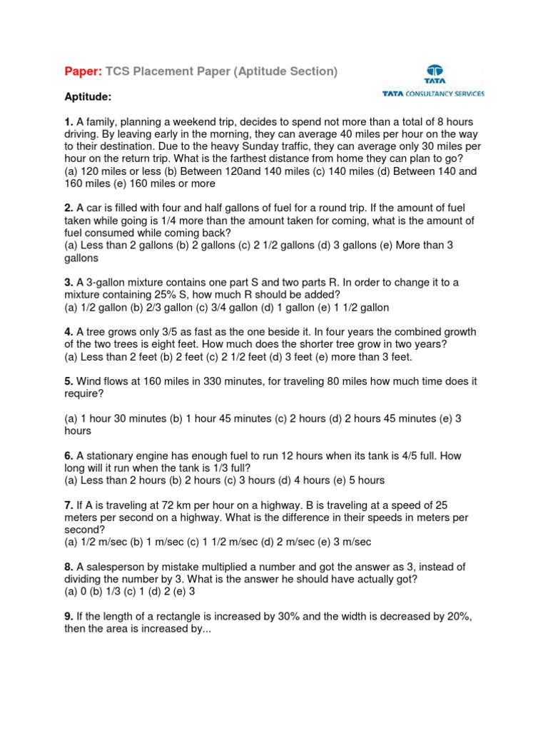 TCS Placement Paper (Aptitude Section) | PDF | Kilogram | Speed
