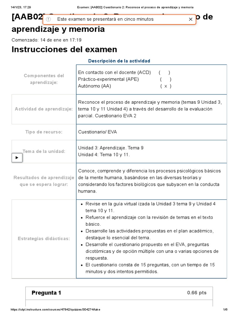 Examen - (AAB02) Cuestionario 2 - Reconoce El Proceso de Aprendizaje y Memoria | PDF | Memoria ...
