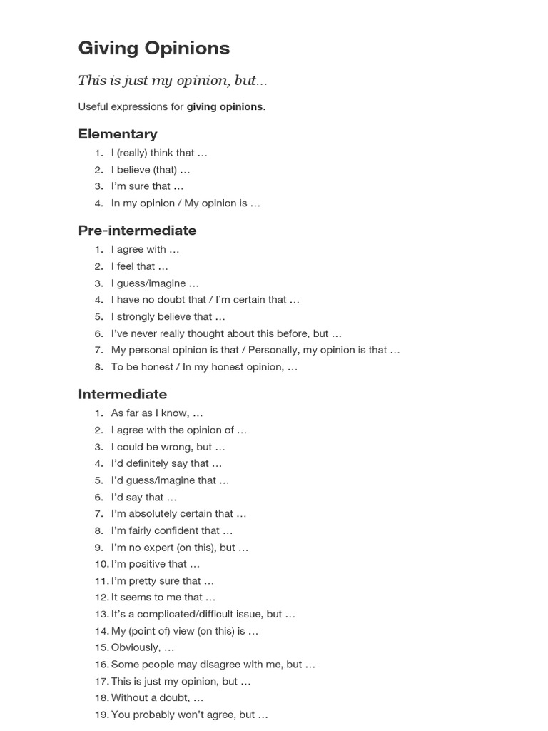 Giving Opinions Useful Expressions List | PDF | Language Arts ...