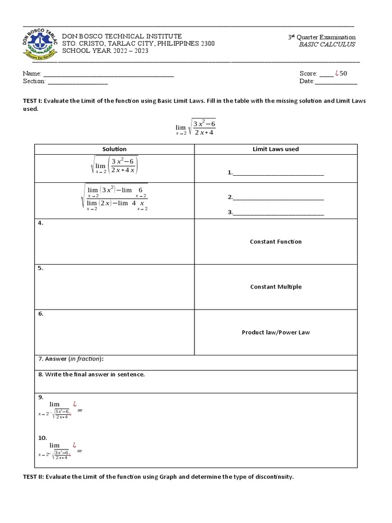 Quarter Test - Basic Calculus | PDF | Numerical Analysis | Mathematics