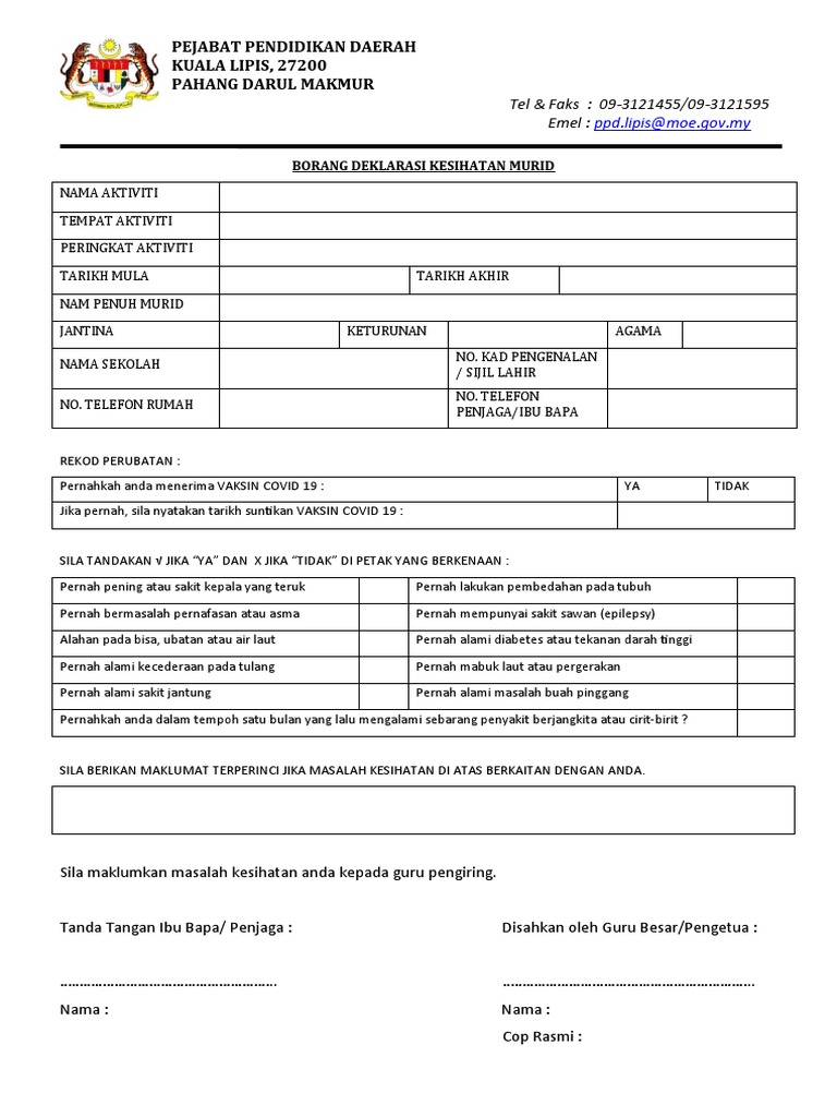 Borang Deklarasi Kesihatan Murid Pdf