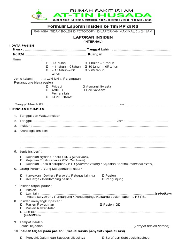 Formulir Laporan Insiden RS | PDF
