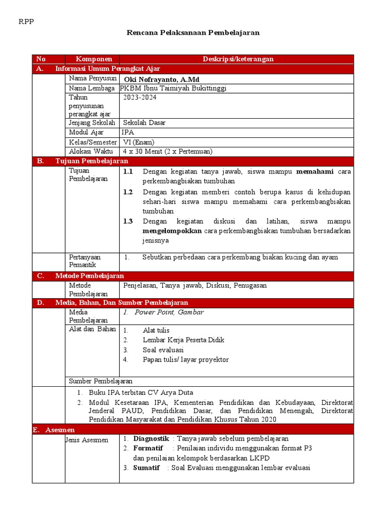 RPP Ipa Kelas 6 Oki | PDF