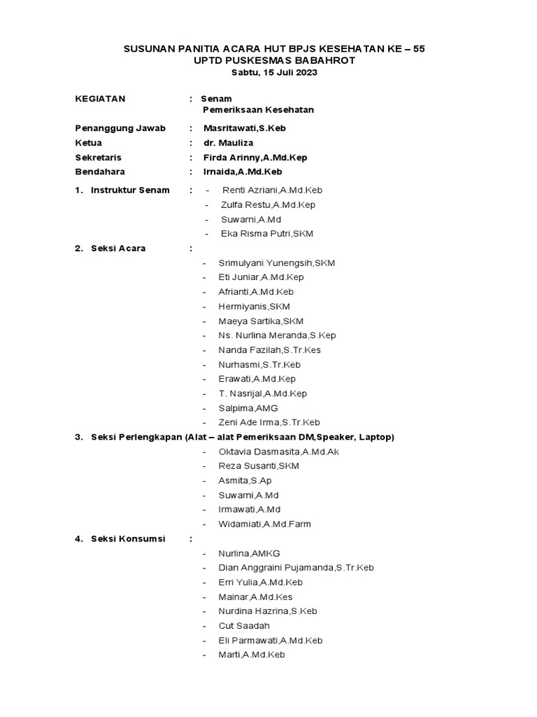 Susunan Panitia Acara Hut BPJS Kesehatan Ke 55 | PDF