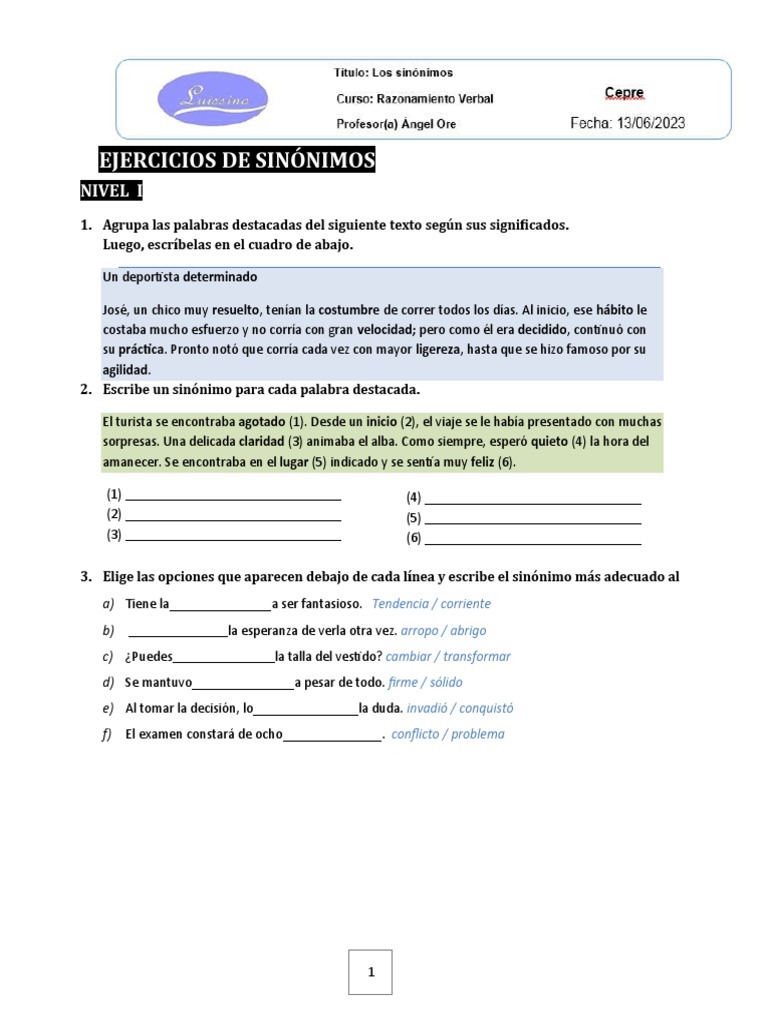 Ejercicios de Sinónimos para Aprender | PDF