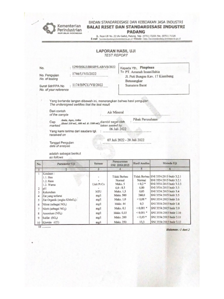 Hasil Analisa Labor - PT Amanah Insanillahia | PDF