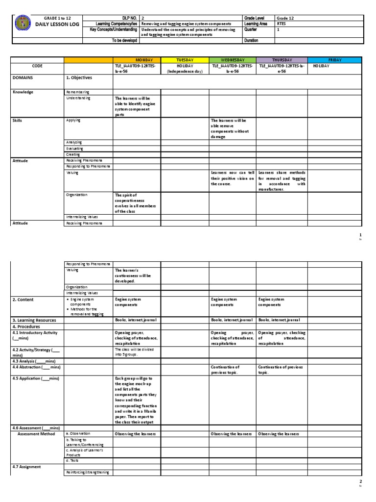 Daily Lesson Log: Domains 1. Objectives | PDF | Learning | Education Theory