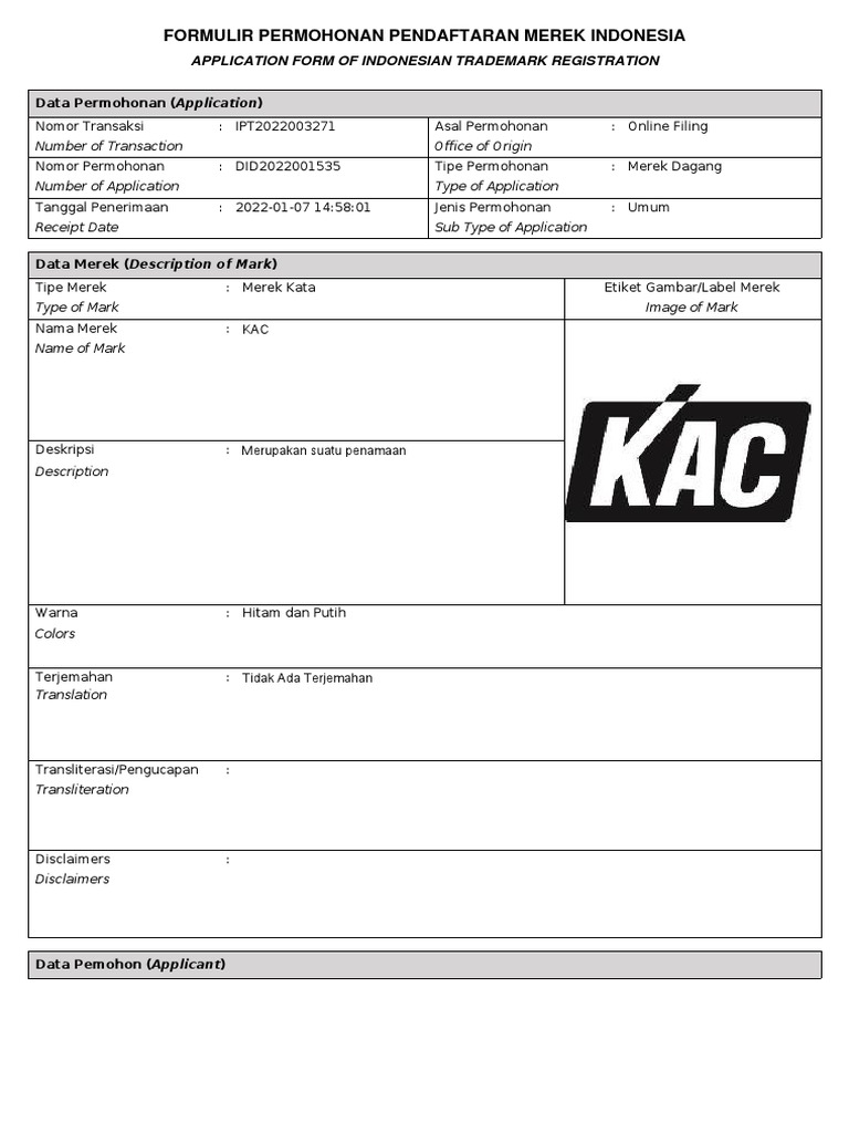 Formulir Pendaftaran Merek Indonesia | PDF