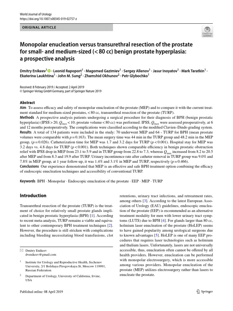 Monopolar Enucleation Vs Transurethral Resection of The Prostate | PDF ...