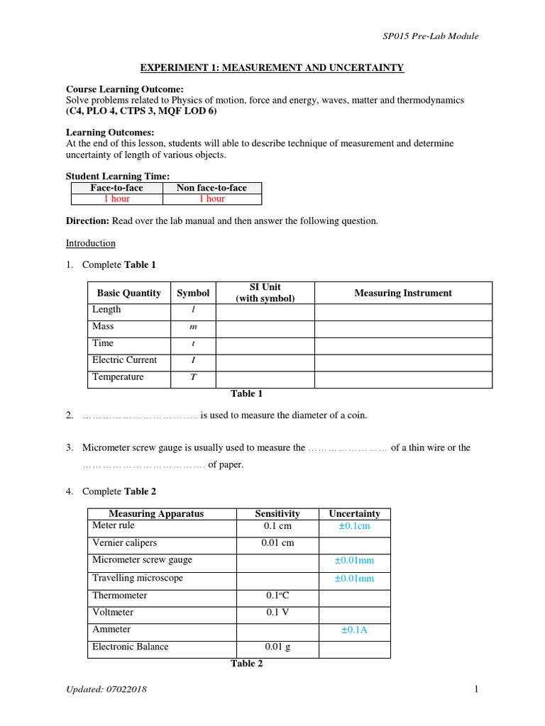 SP015 Prelab Student Version | PDF | Torque | Acceleration