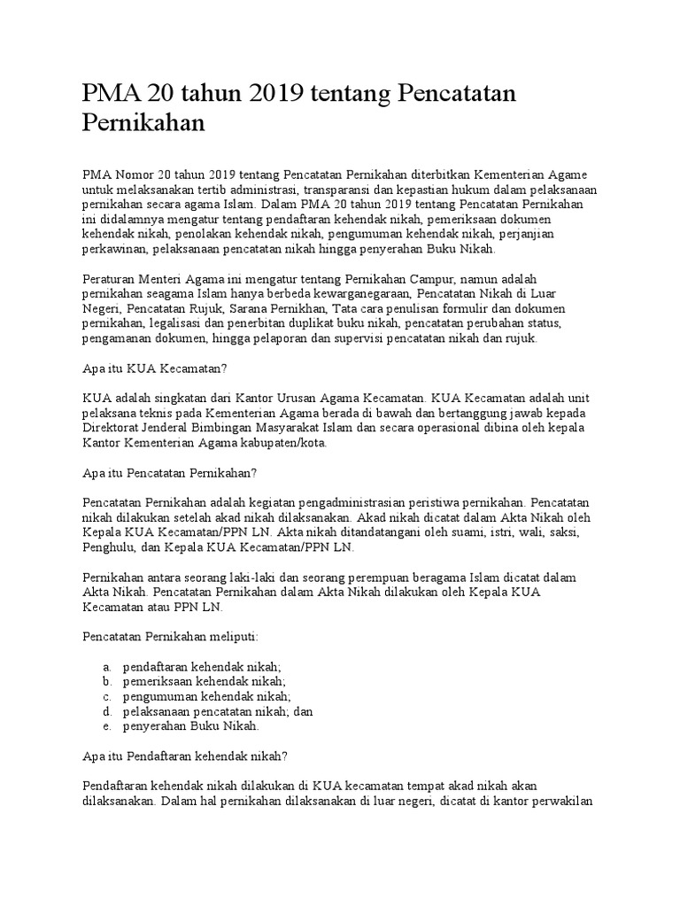 PMA 20 Tahun 2019 Tentang Pencatatan Pernikahan | PDF | Politik | Ilmu Sosial
