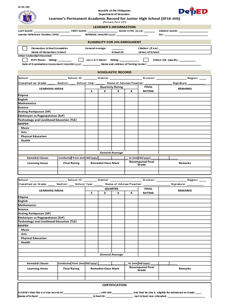 School Form 10 SF10 Learner's Permanent Academic Record For Junior High School - 3 | PDF ...