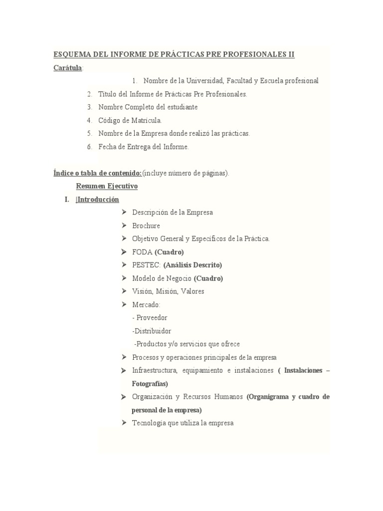 Esquema Del Informe de Prácticas Pre Profesionales Ii | PDF | Informática | Business