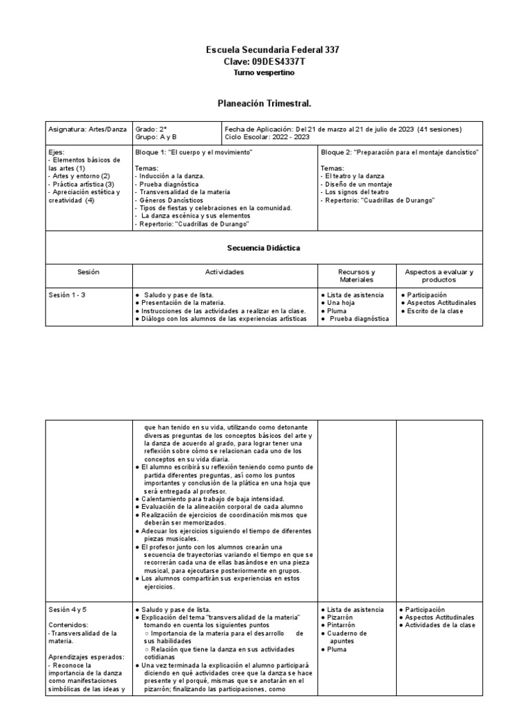 Planeacion Trimestral Vespertino | PDF | Teatro | Bailes