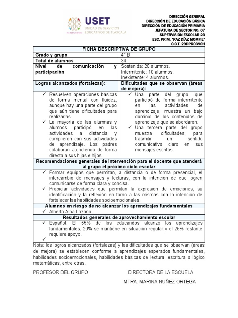 Fichas Descriptivas 4B | PDF | Educación primaria | Ciencia cognitiva