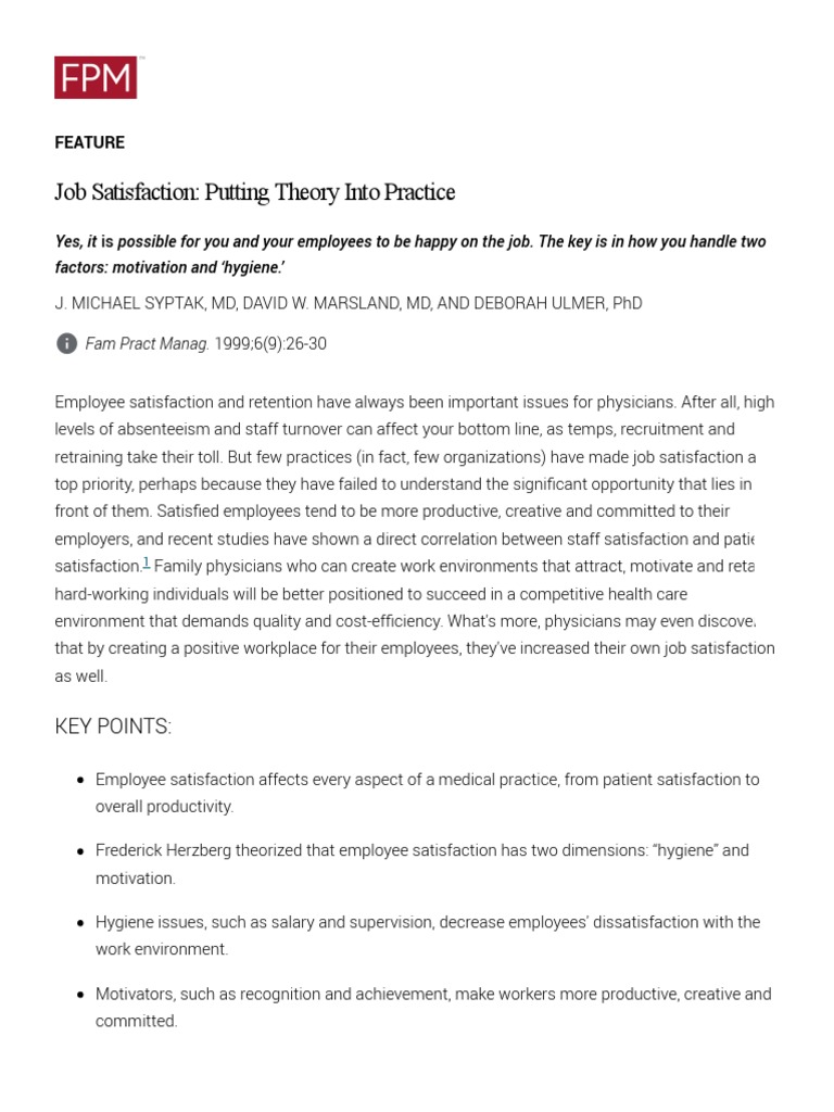 Herzberg - Job Satisfaction - Putting Theory Into Practice - AAFP | PDF ...