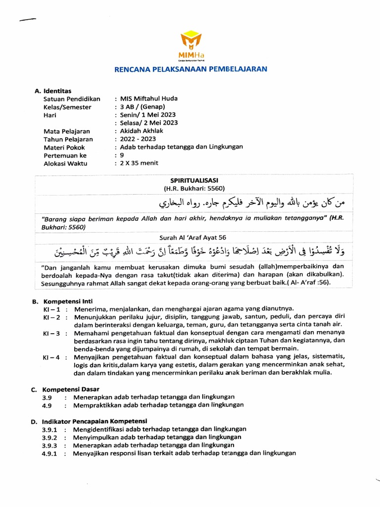 RPP Akidah Akhlak KLS 3 Adab Terhadap Tetangga Dan Lingkungan | PDF | Karier & Perkembangan ...