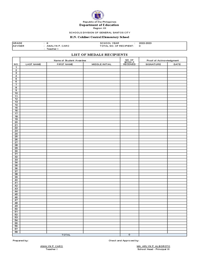 Sample-Template-Masterlist For Recipient of Medals | PDF