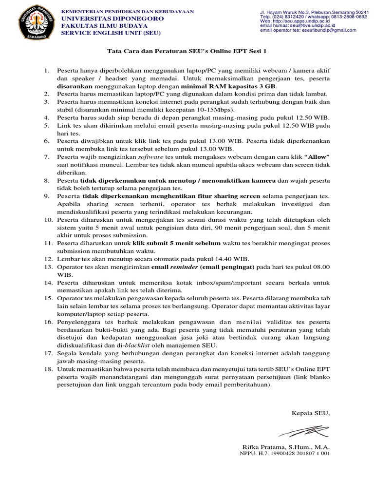 Tata Cara Dan Peraturan SEU's Online EPT Sesi 1 | PDF