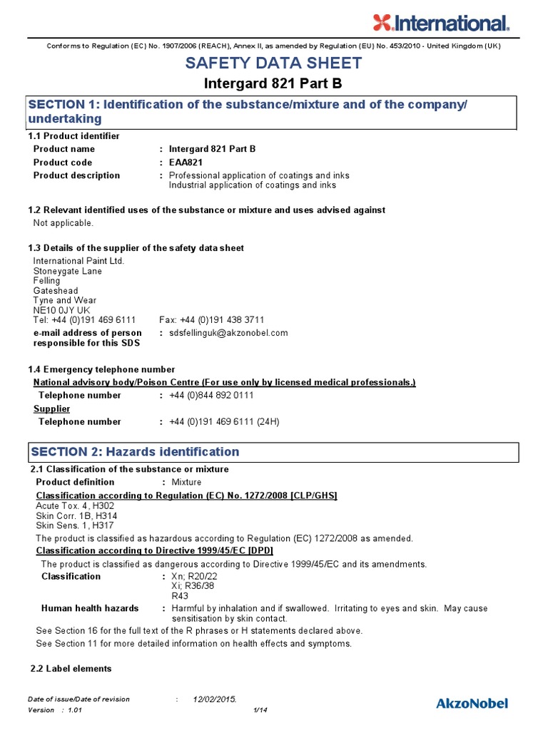 Intergard 821 Part B Safety Data Sheet | PDF | Toxicity | Waste