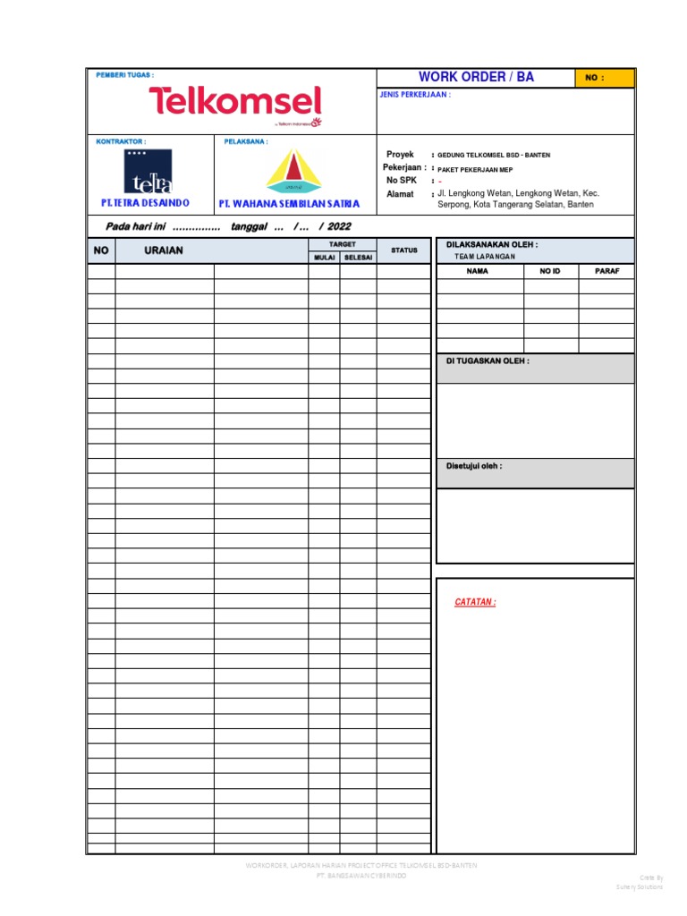 Contoh Format Workorder, Laporan Harian Project Office Telkomsel Bsd ...