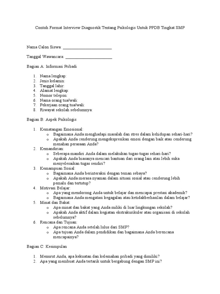 Contoh Format Interview Diagnostik Tentang Psikologis Untuk PPDB ...