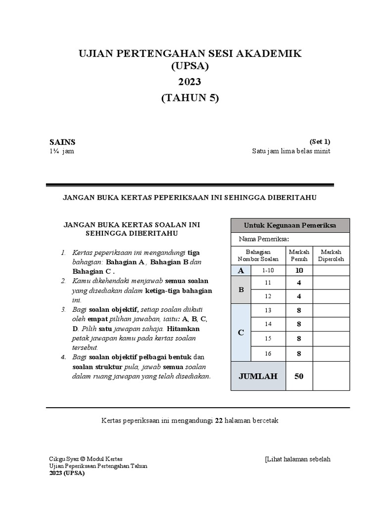 Set Kertas Ujian Pertengahan Sesi Akademik Sains Tahun 5 04 | PDF