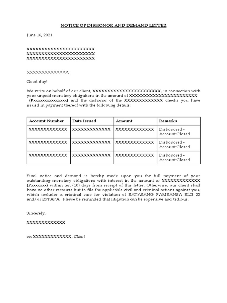 Demand Letter for Dishonored Checks | PDF