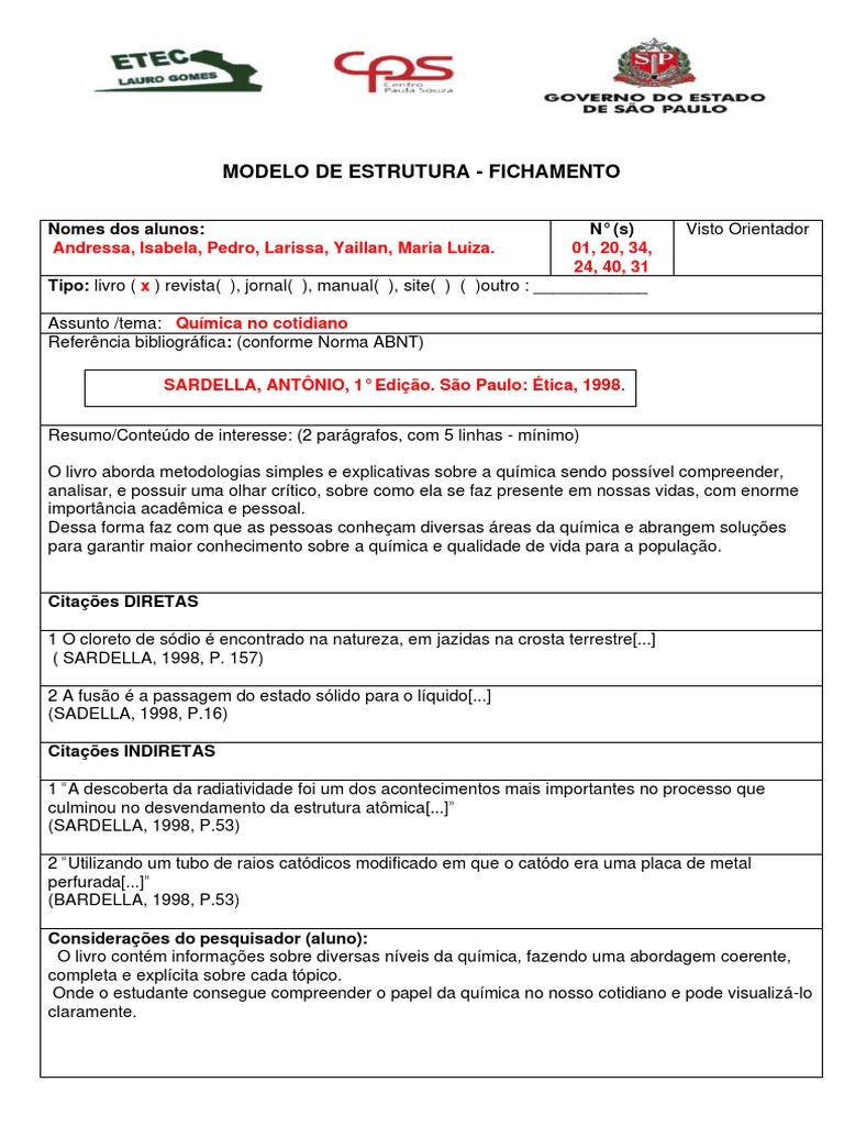 FICHAMENTO MODELO PARA PREENCHIMENTO - ALUNOS - 1 SEM 23 (1) | PDF