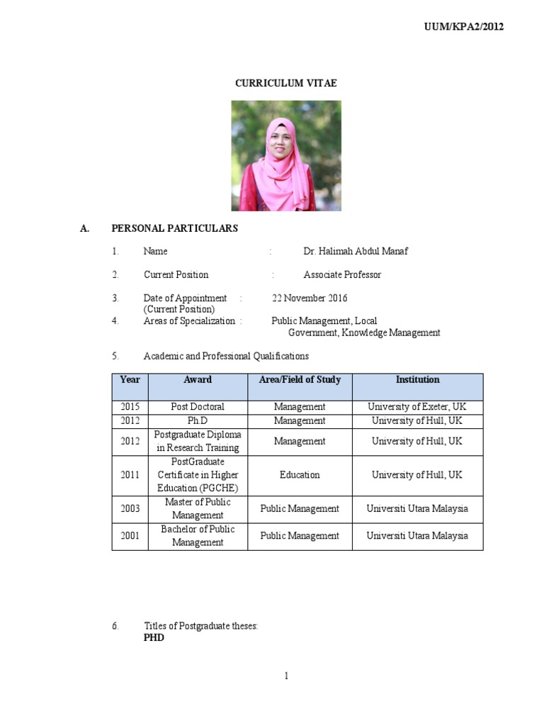 CV DR HALIMAH - KPA2 - April 2023 | Download Free PDF | Postgraduate Education | Thesis