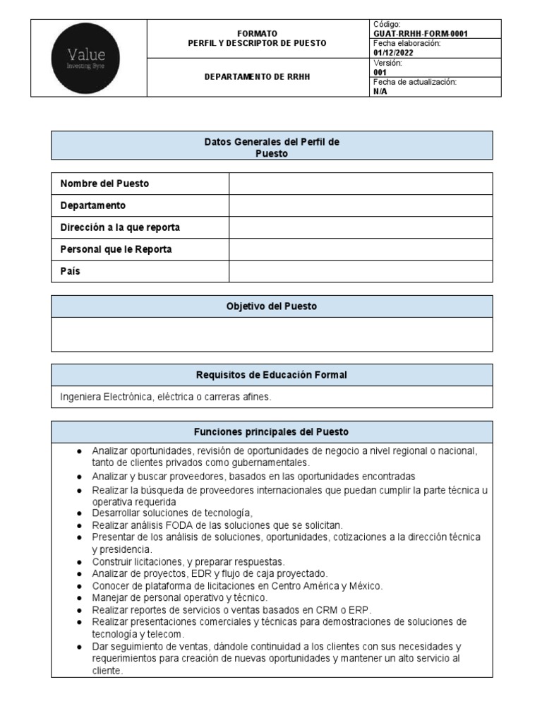 GUAT-RRHH-FORM-0001 Perfil y Descriptor de Puesto | PDF | Soporte técnico