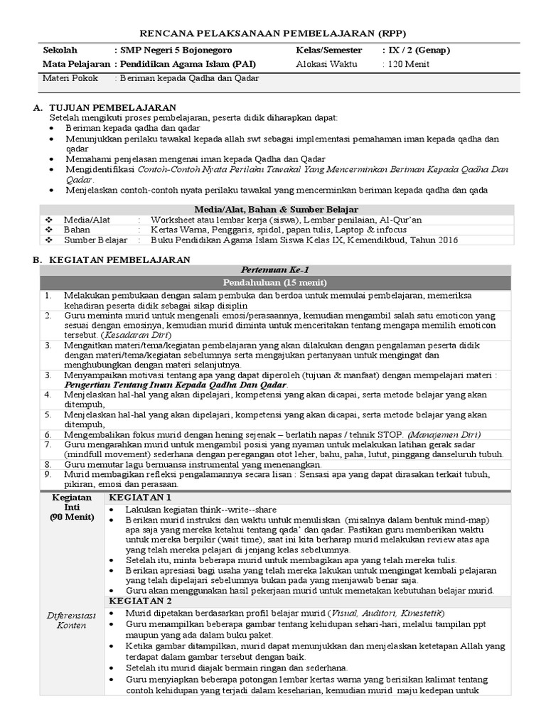 RPP Pai Berdiferensiasi Kse Qada' Dan Qadar Kelas 9 | PDF | Karier & Perkembangan