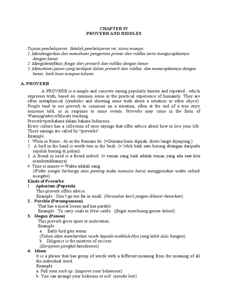 CHAPTER IV-proverb N Riddles-Minat X Genap | PDF | Riddle | Poetry