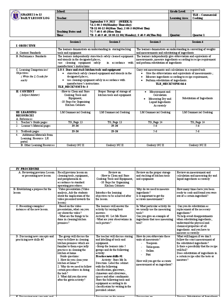 DLL in Commercial Cooking 7-Week3 | PDF | Kitchen | Kitchen Utensil