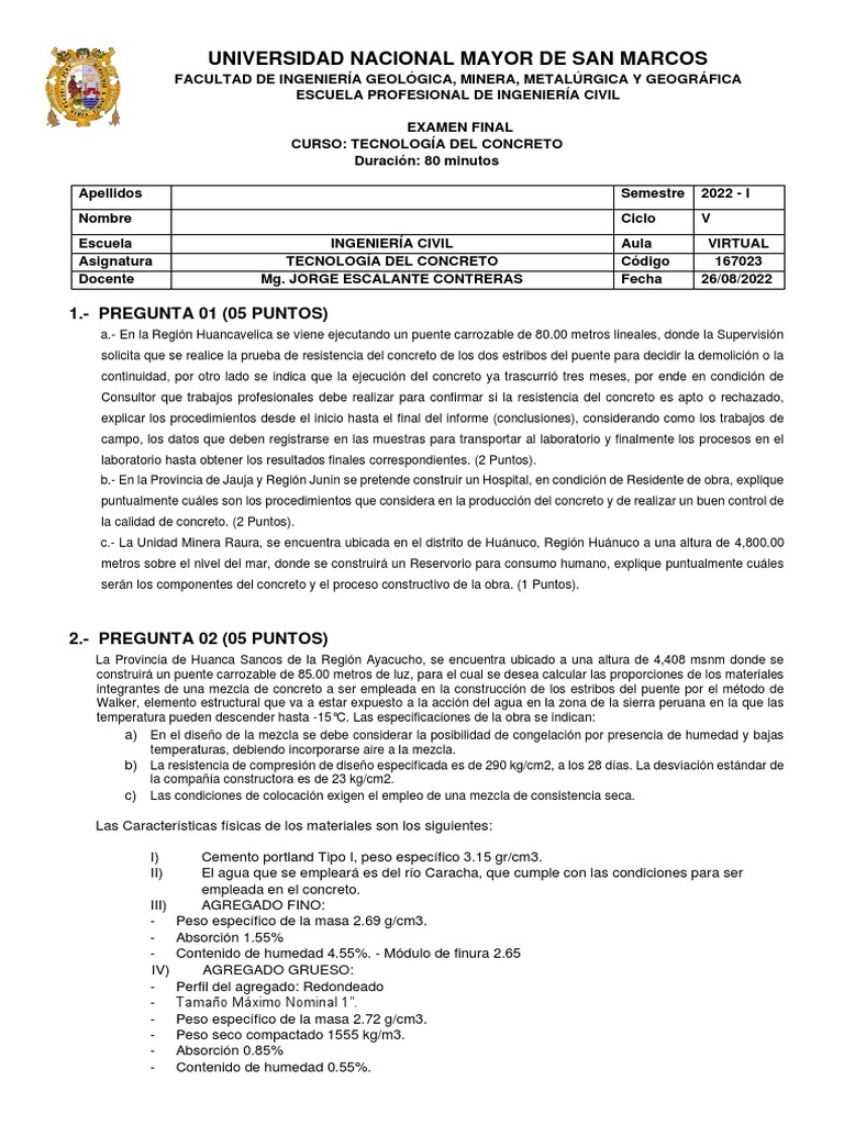 Examen Final 2022 1 Grupo Único Tec. Concrto | PDF | Hormigón ...