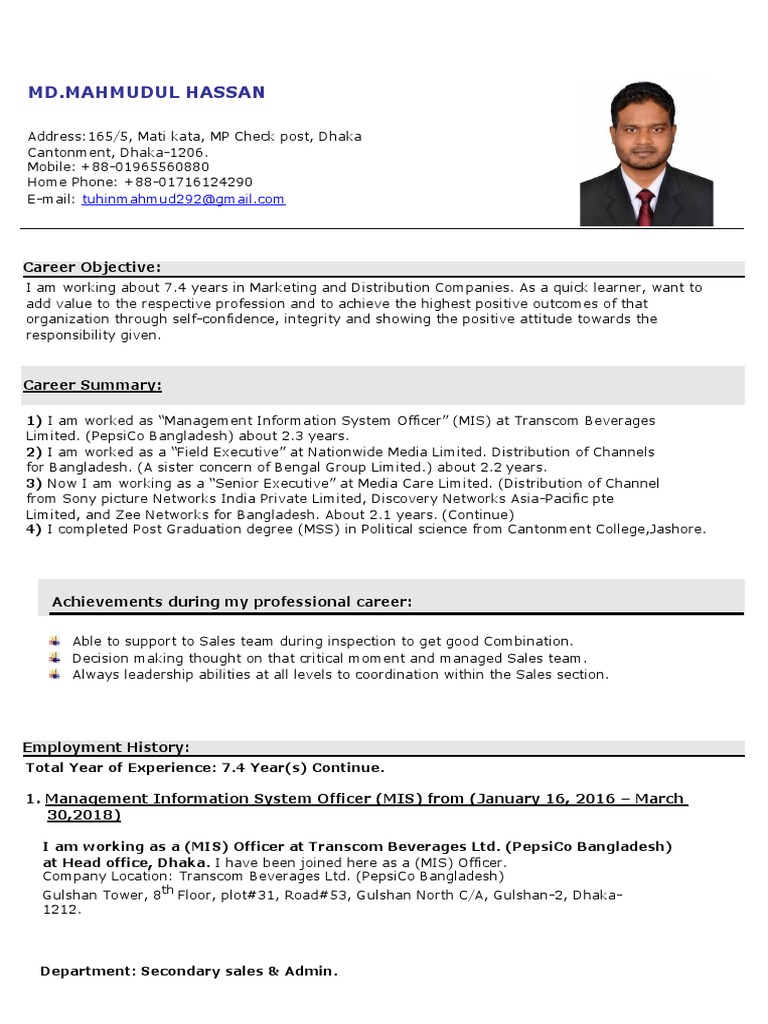 Resume of MD MAHMUDUL HASSAN Updated - 230531 - 203603 | PDF | Sales | Marketing