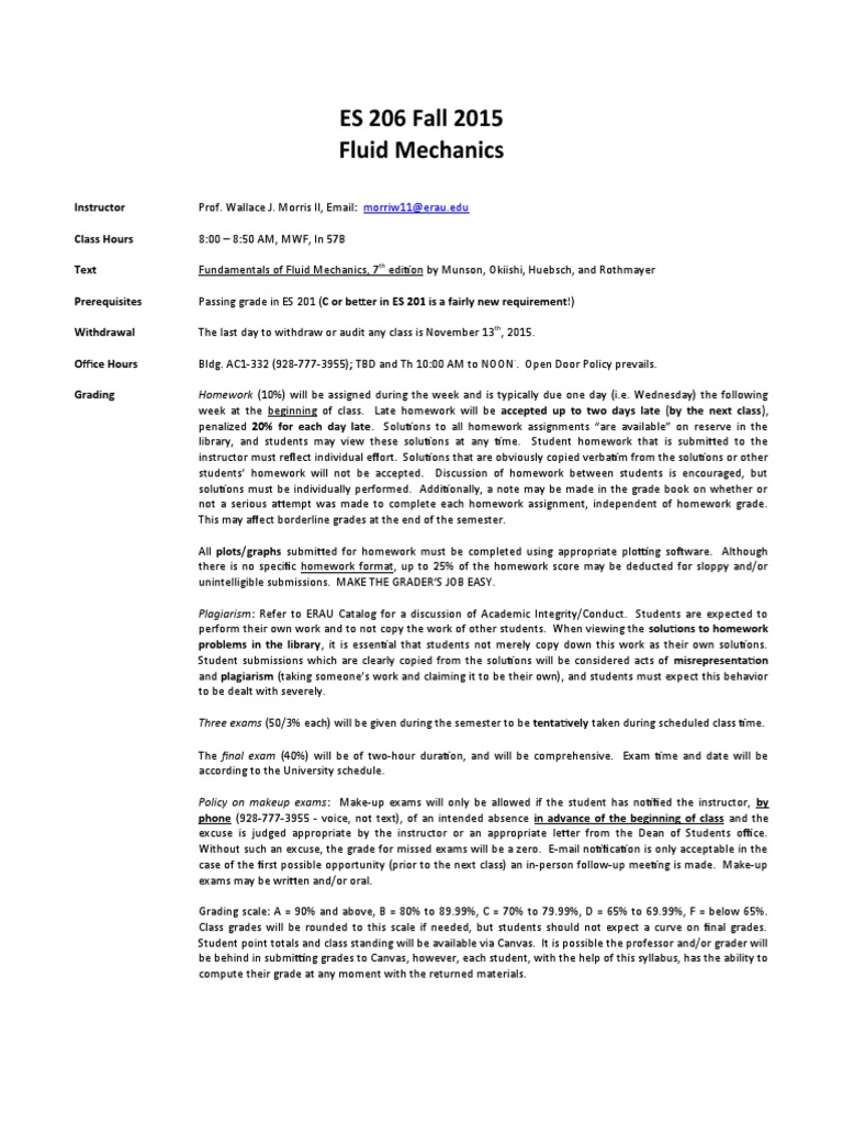 ES206 Syllabus F15 | PDF | Fluid Dynamics | Fluid Mechanics