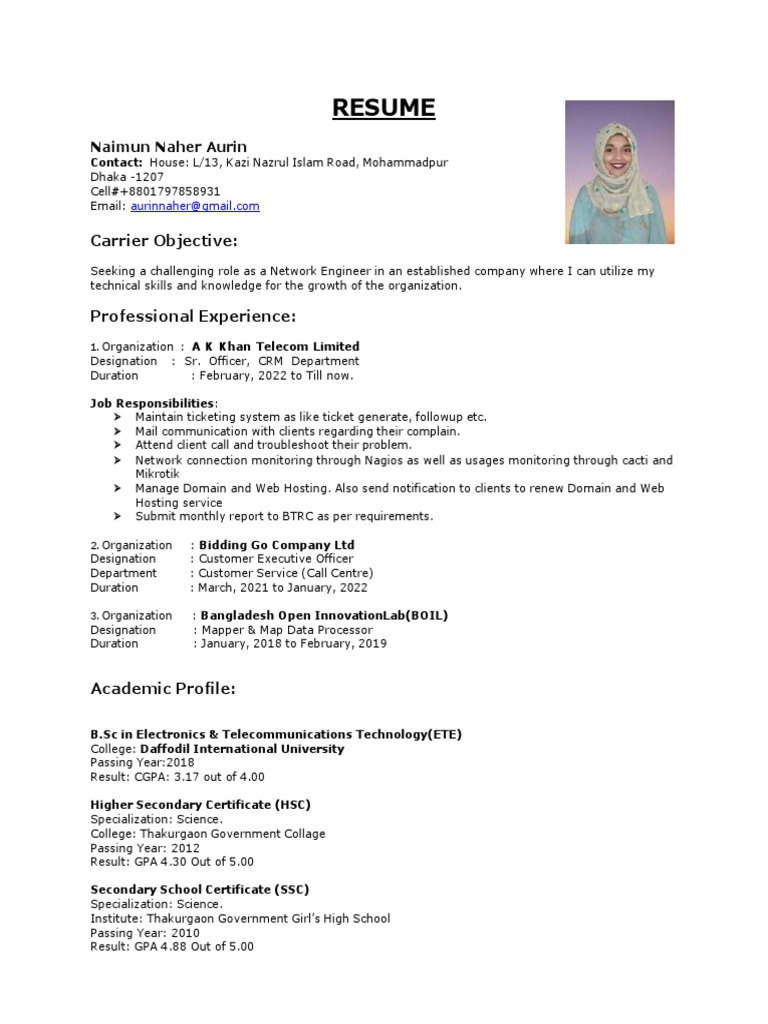 Resume of Naimun Naher Aurin | PDF | Computer Network | Cisco Certifications