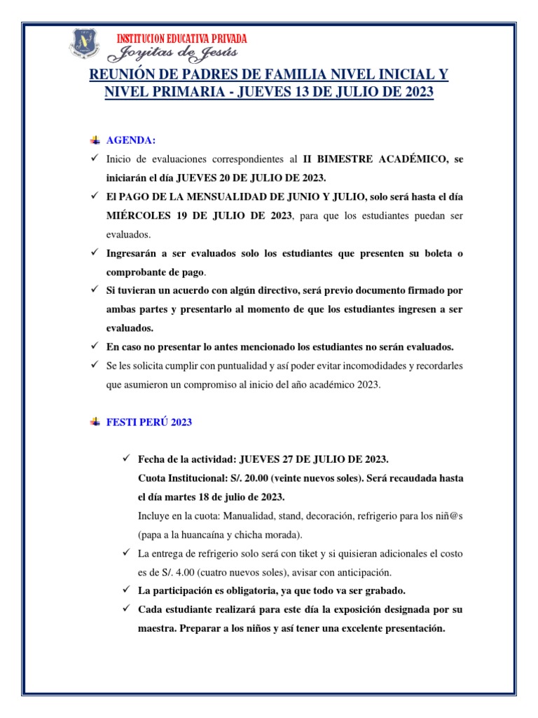 Reunión de Padres de Familia Nivel Inicial y Nivel Primaria | PDF