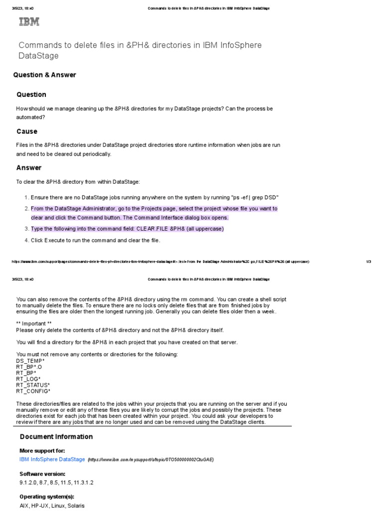DATASTAGE - Commands To Delete Files in &PH& Directories in IBM ... DATASTAGE - Commands To Delete Files in &PH& Directories in IBM ...