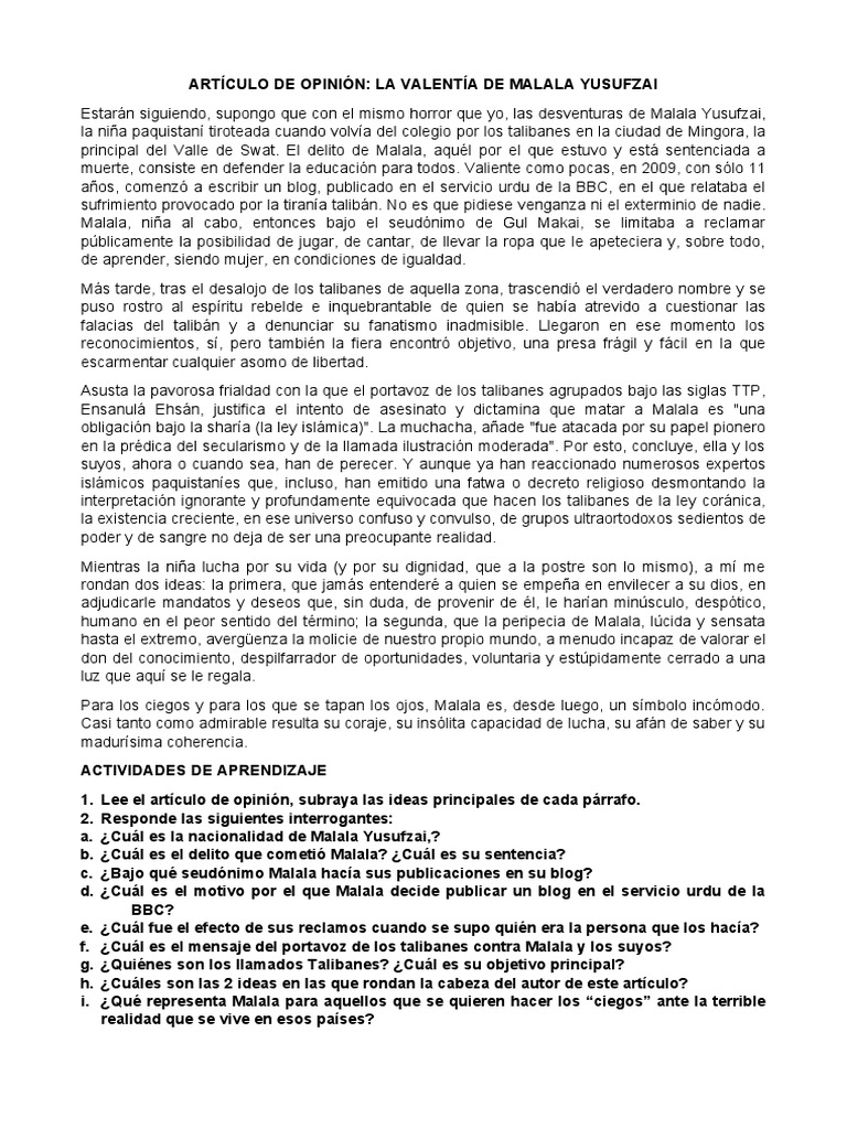 ARTÍCULO DE OPINIÓN 3ero C - LA VALENTÍA DE MALALA YUSUFZAI | PDF