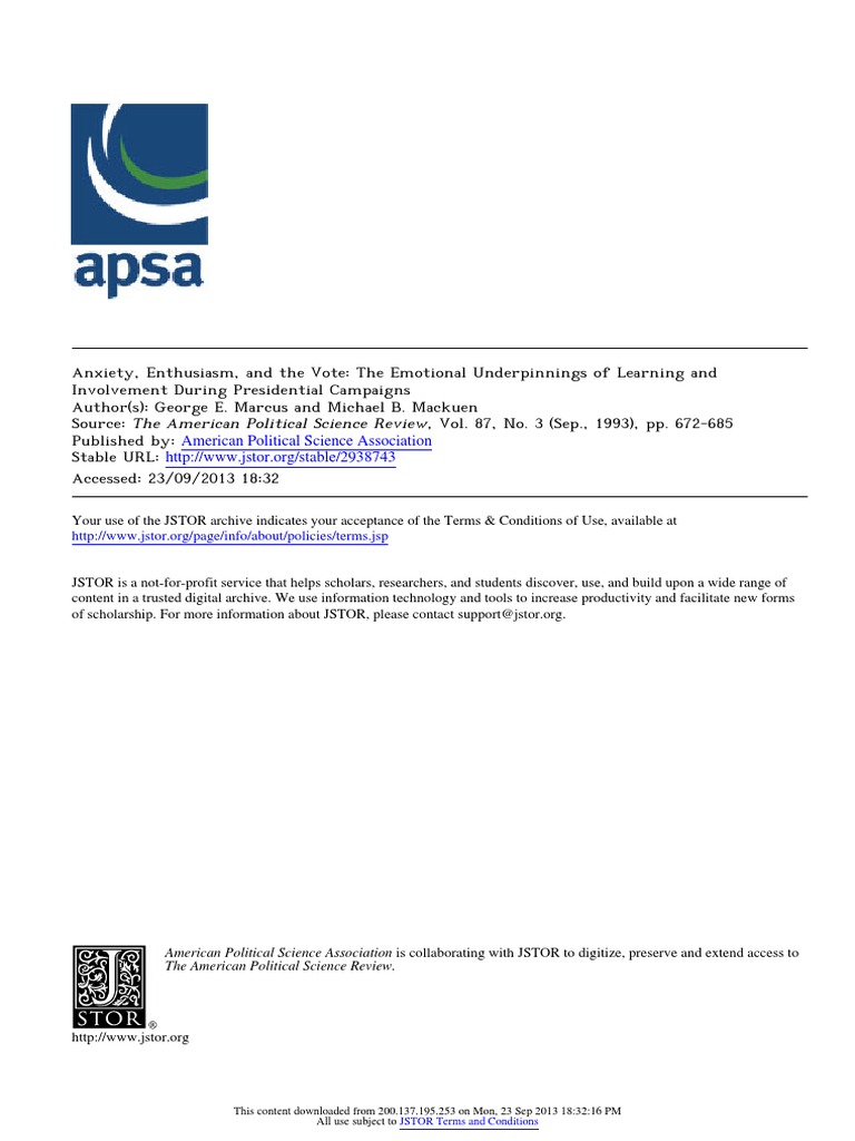 Marcus Mackuen Anxiety Enthusiasm and The Vote | PDF | Emotions | Mental Health